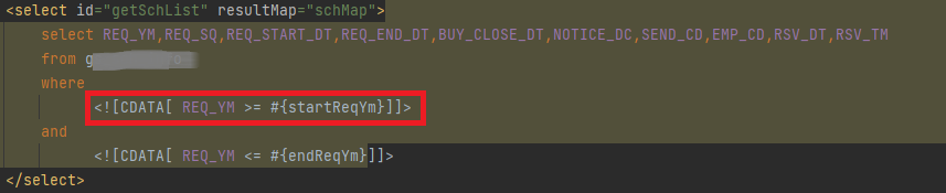[Mybatis] XML파일에서 부등호 사용 방법 (CDATA)